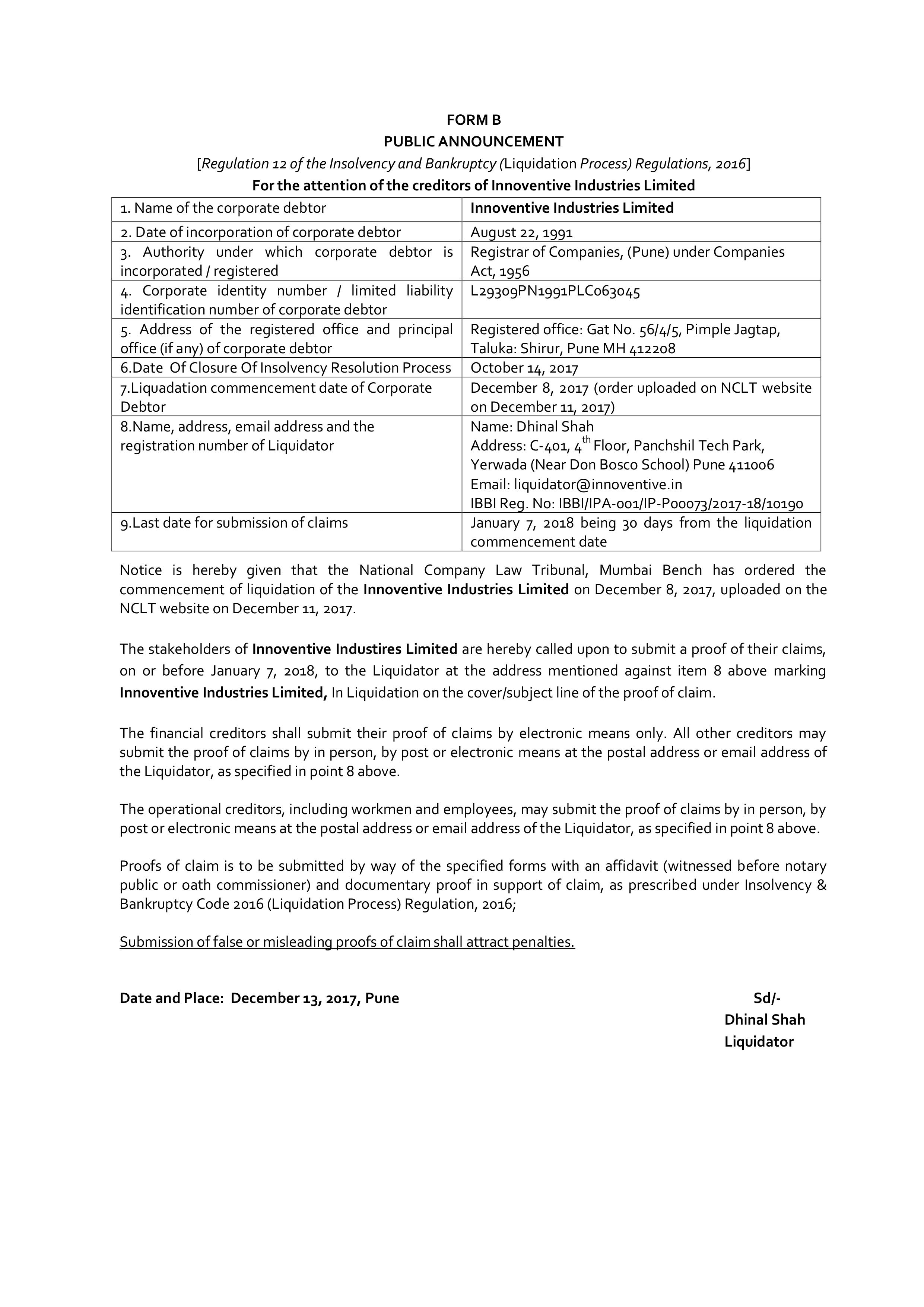 Liquidation Public Announcement (Dated – 13th December 2017 ...